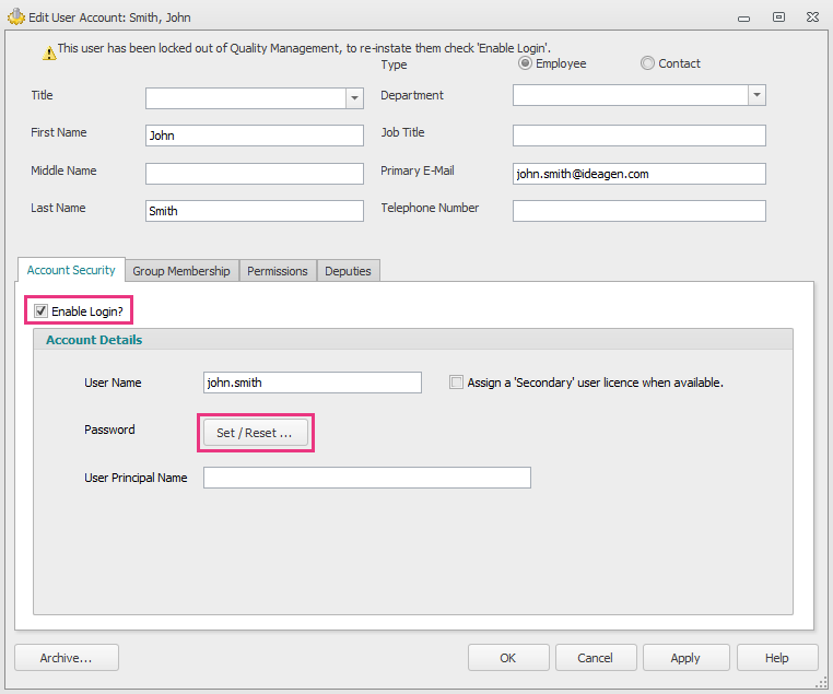 Unlocking user accounts – Quality Management (Professional)