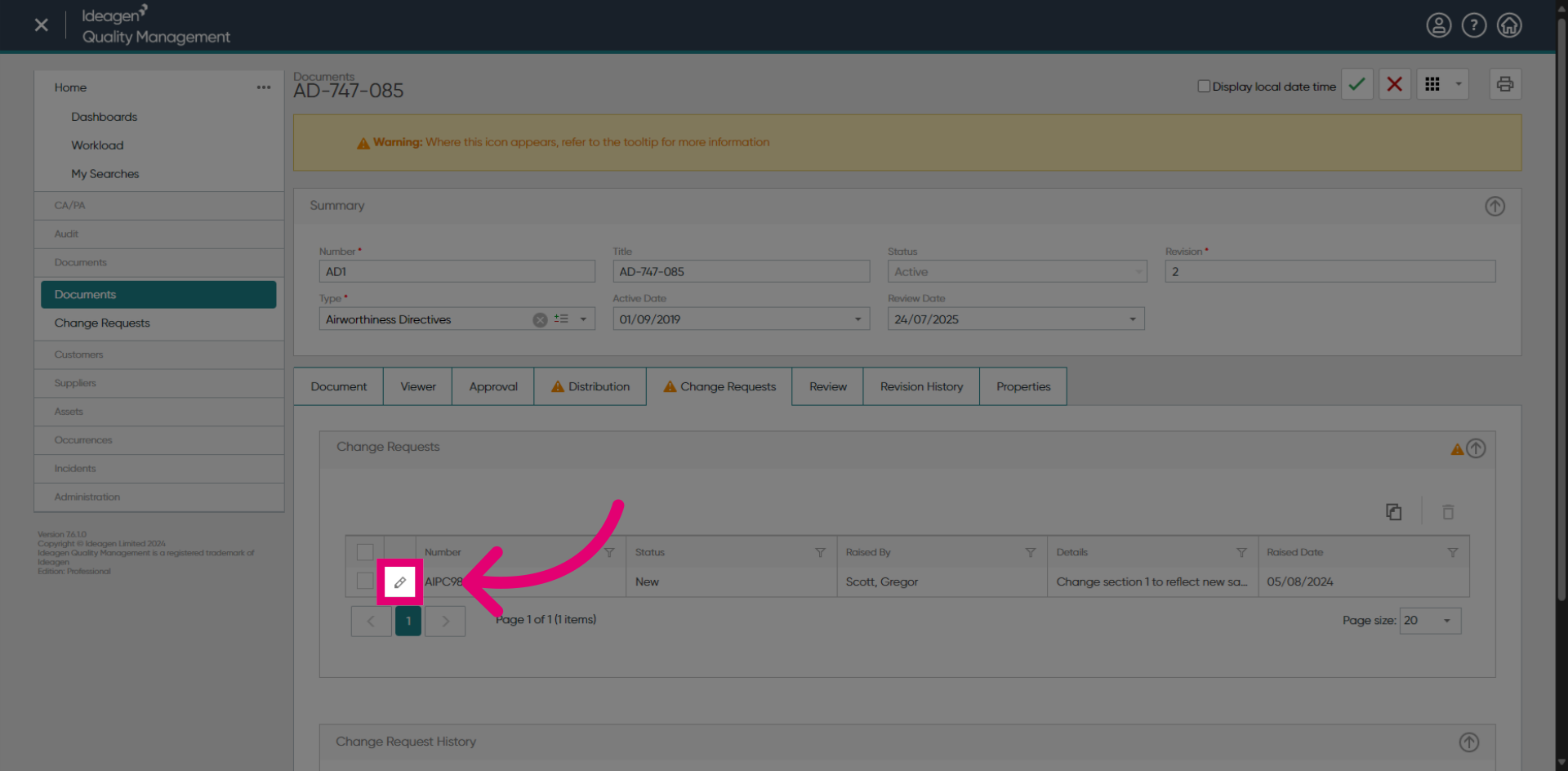 Completing a Document change request – Quality Management (Professional)