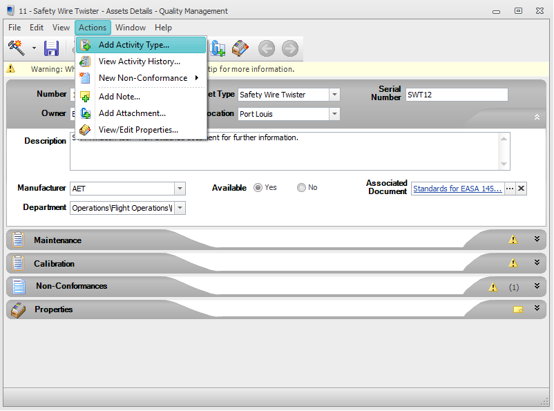 Managing Activity Types on an Asset – Quality Management (Professional)